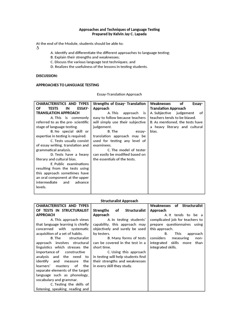 MODULE 3 - Approaches and Techniques of Language Testing | PDF ...