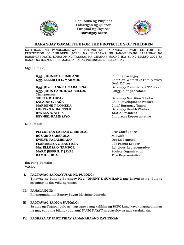 1st - Quarter-BCPC-minutes of Meeting (2025) | PDF