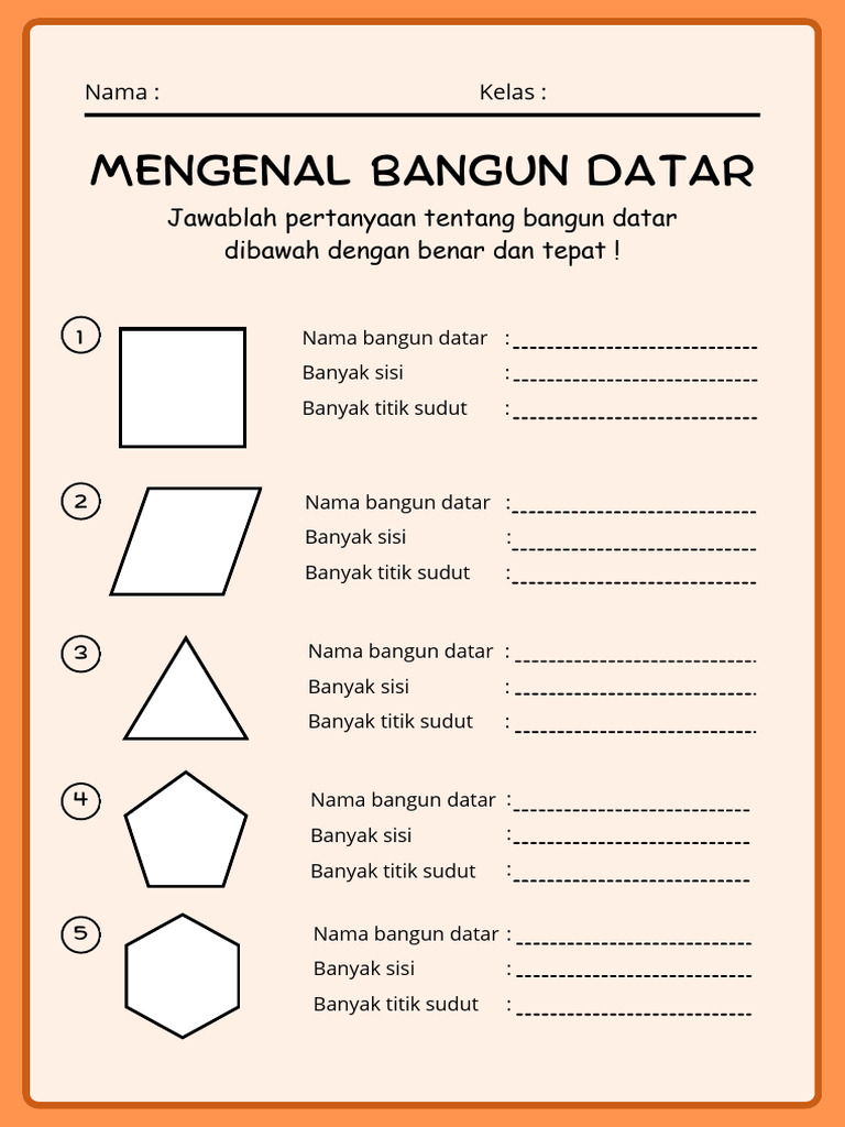 Oranye Ilustrasi Mengenal Bangun Datar Lembar Kerja Sekolah | PDF