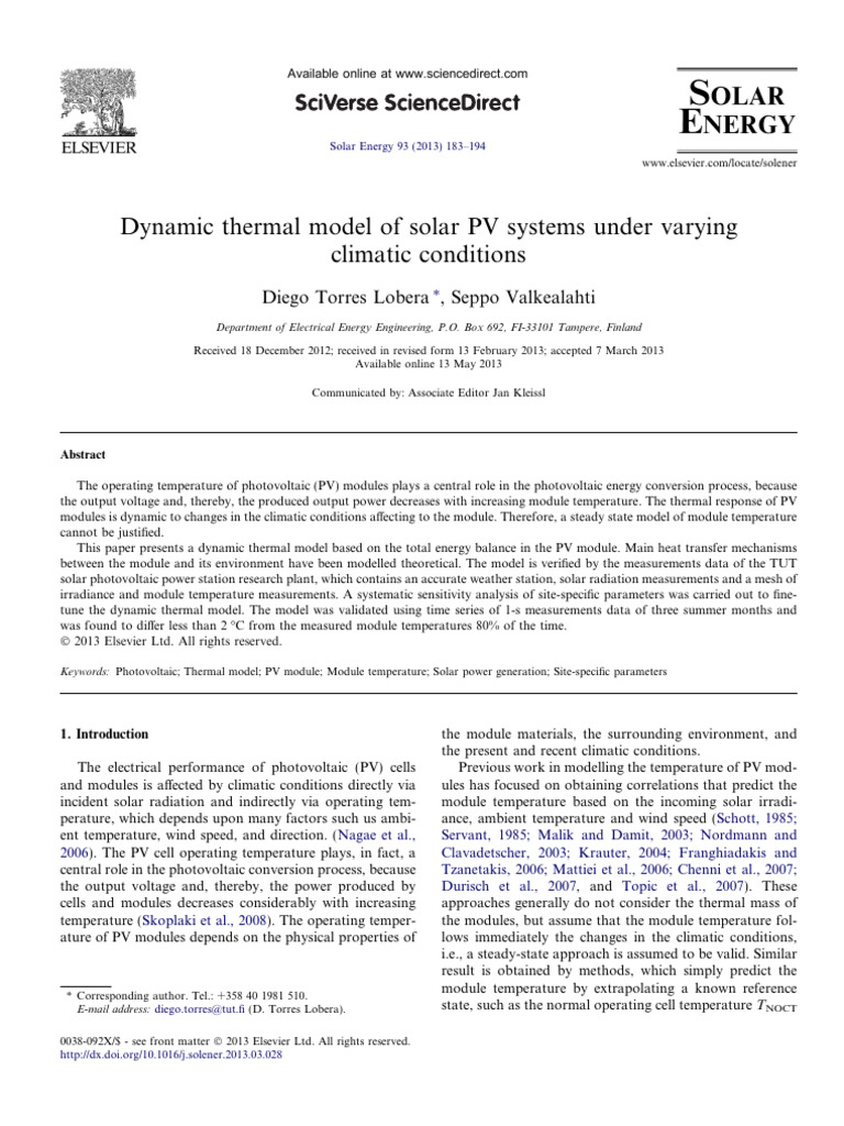 Dynamic Thermal Model of Solar PV Systems Under Varying | PDF ...