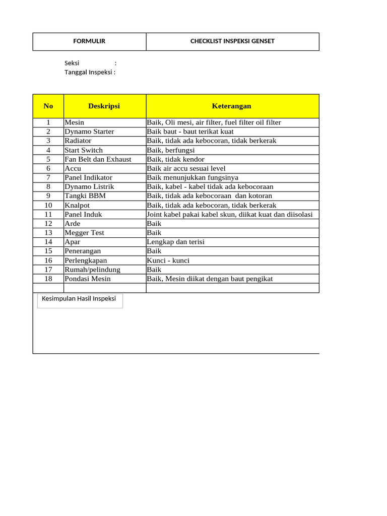 Checklist Inspeksi Genset Lengkap | PDF