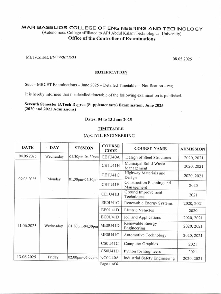 S7 (S) Exam, June 2025-Detailed Timetable NTF | PDF | Engineering ...