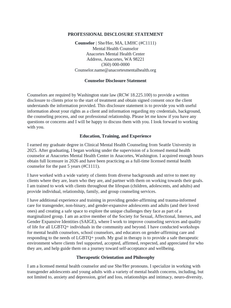 Counselor Disclosure Statement for Clients | PDF | Psychotherapy ...
