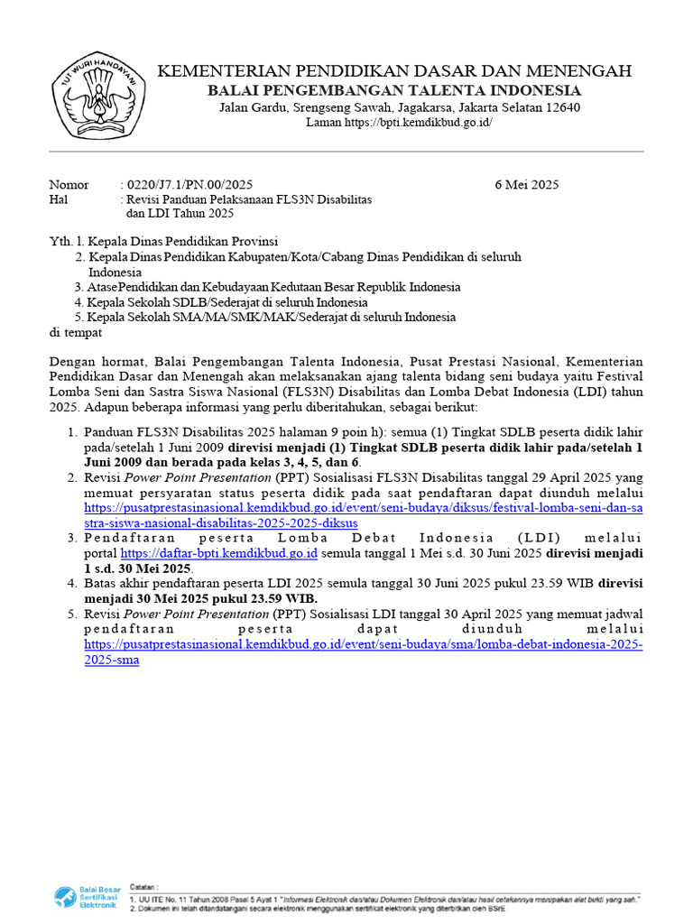 2156974_Surat Revisi Panduan Pelaksanaan FLS3N Disabilitas dan LDI 2025 (1) | PDF