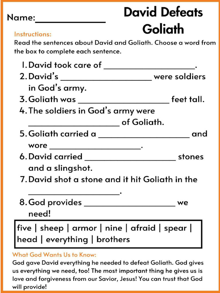 Fill The Blank David and Goliath Worksheets 1086x1536 | PDF