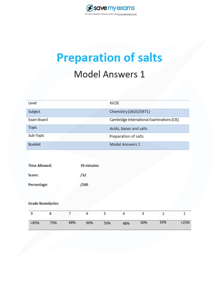 83 Preparation of Salts Model Answer Booklet 1 CIE IGCSE Chemistry ...