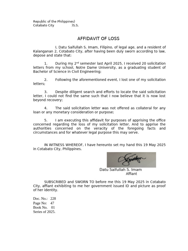 Affidavit of Loss - Soli Letter | PDF