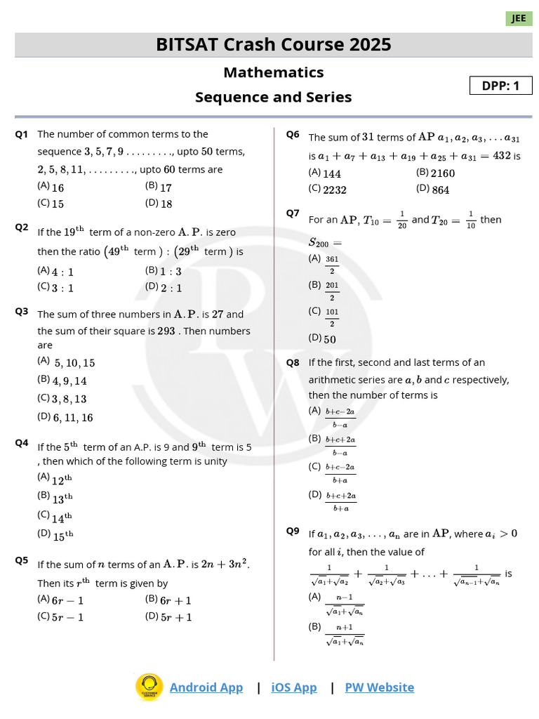 Sequence and Series - DPP 01 - BITSAT Crash Course 2025 | PDF | Mathematics
