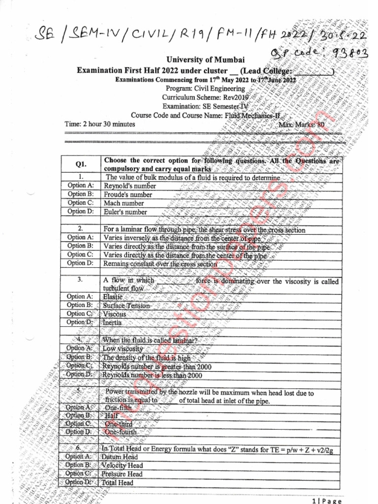Be - Civil Engineering - Semester 4 - 2022 - May - Fluid Mechanics Iirev 2019 C Scheme | PDF