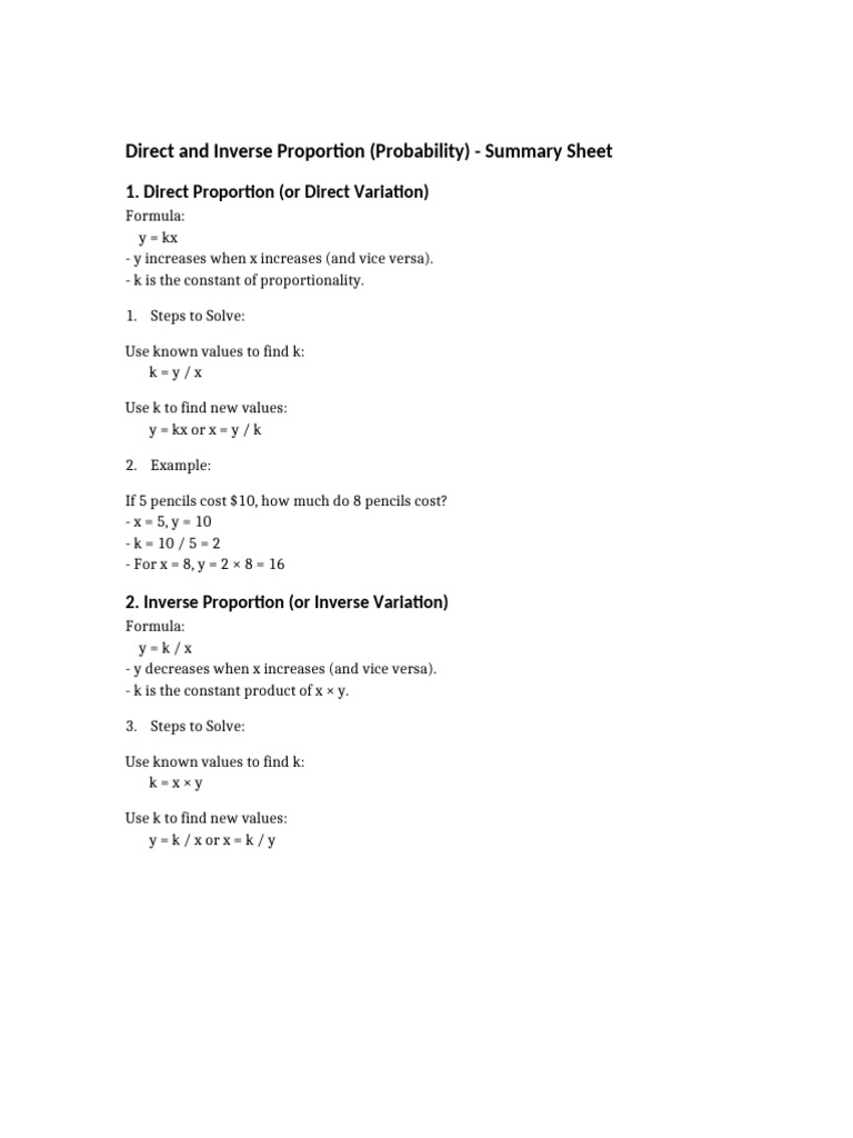 Direct and Inverse Proportion Summary | PDF