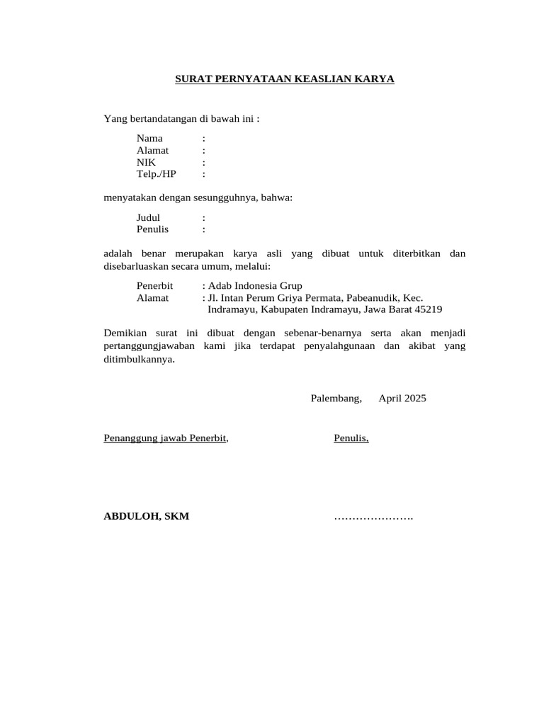 Template Surat Pernyataan Keaslian Karya | PDF