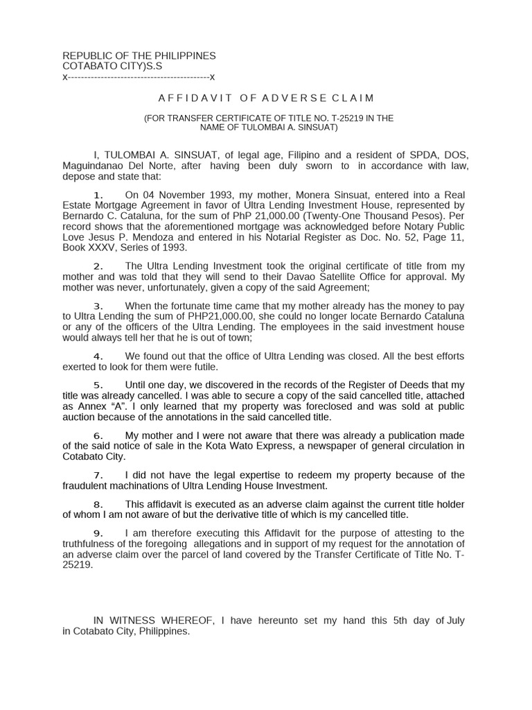 Affidavit of Adverse Claim in Cotabato | PDF | Affidavit | Common Law