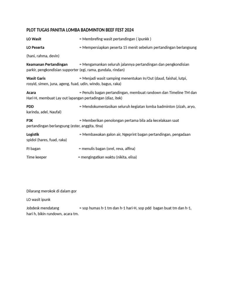 Plot Tugas Panitia Lomba Badminton Beef Fest 2024 | PDF