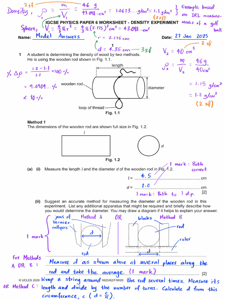 Model Answers - IGCSE Physics Paper 6 Worksheet - Density Experiment | PDF