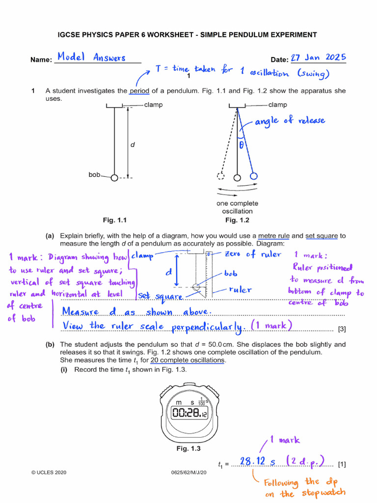Model Answers - IGCSE Physics Paper 6 Worksheet - Simple Pendulum Experiment | PDF