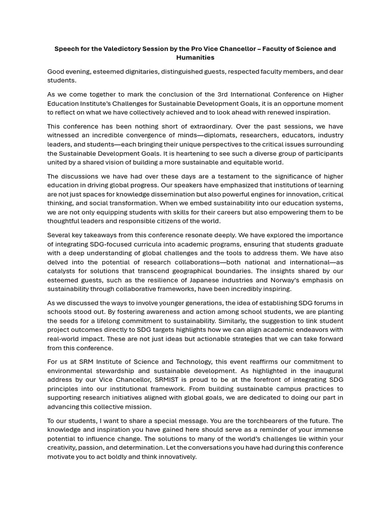 Speech for the Valedictory Session by the Pro Vice Chancellor | PDF ...