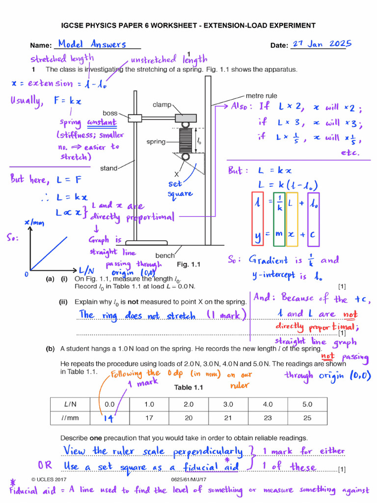 Model Answers - IGCSE Physics Paper 6 Worksheet - Extension-Load Experiments | PDF
