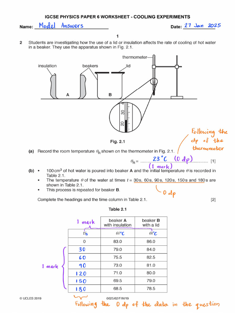 Model Answers - IGCSE Physics Paper 6 Worksheet - Cooling Experiments | PDF