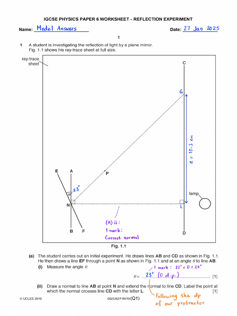 Model Answers - IGCSE Physics Paper 6 Worksheet - Reflection Experiments | PDF