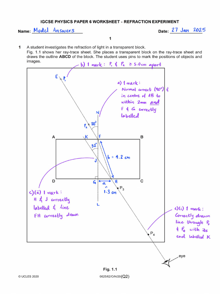 Model Answers - IGCSE Physics Paper 6 Worksheet - Refraction Experiment | PDF