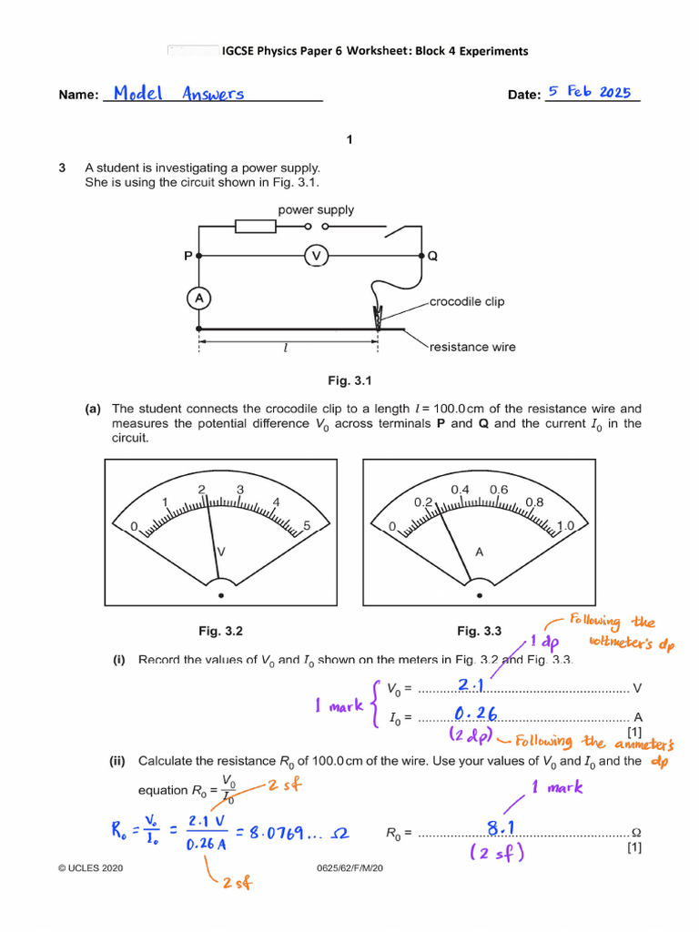 Model Answers - IGCSE Physics Paper 6 Worksheet - Electrical Resistance ...