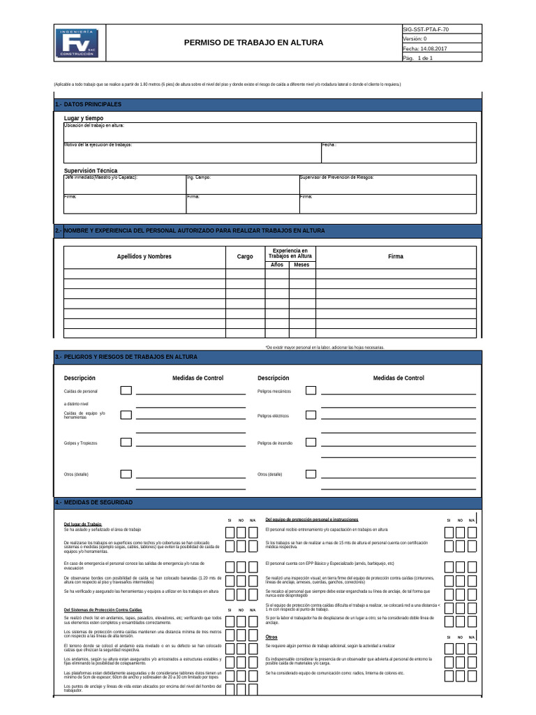 Permiso de Trabajo en Altura - Sig-Sst-Pta-F-70. 06.10.2017 | PDF