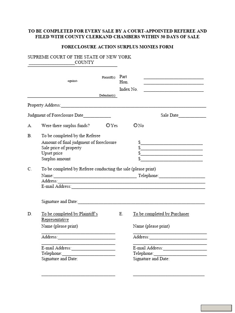 New York Foreclosure Surplus Funds Form | PDF | Common Law | Law Of The ...