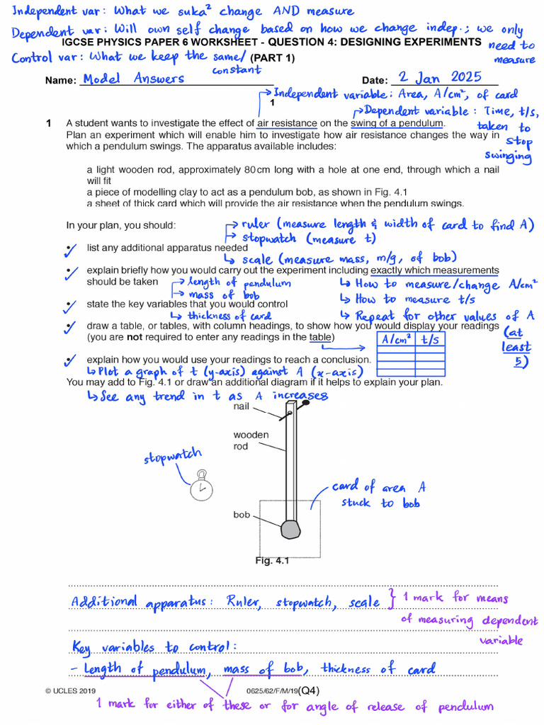 Model Answers - IGCSE Physics Paper 6, Question 4 Worksheet (Part 1) | PDF