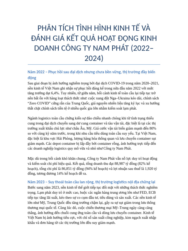 Phan Tich KQKD NamPhat 2022 2024 | PDF