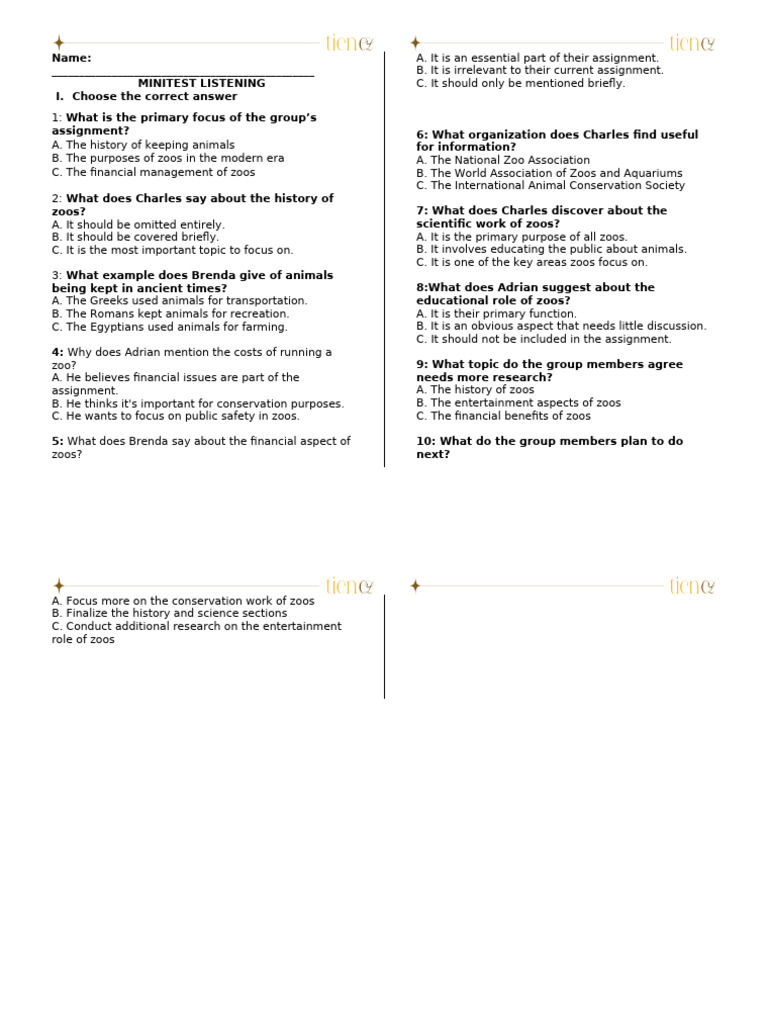 Minitest - Listening Lesson 10 | PDF | Zoo