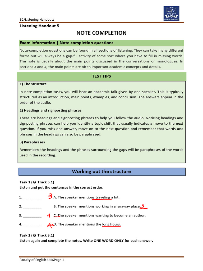 1.-TAB2_Listening_-Handout-5_-Note-Completion | PDF | Human Communication