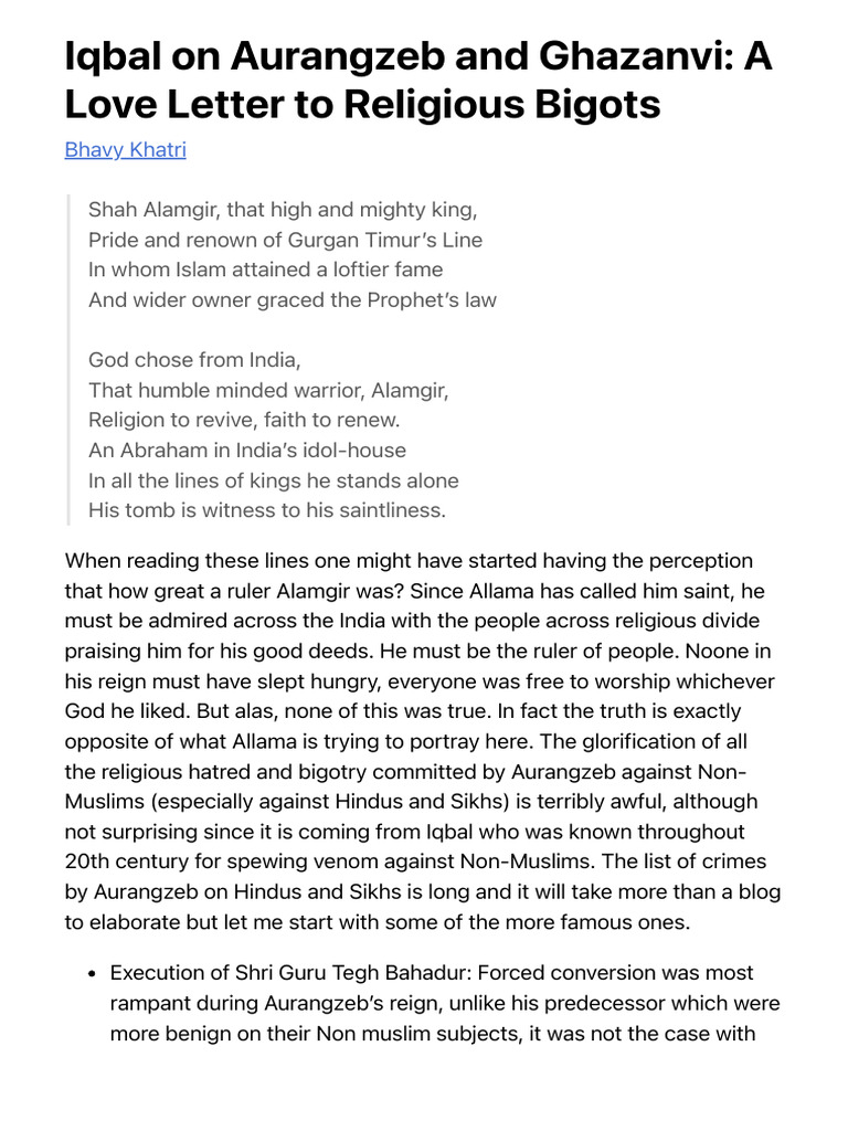 Iqbal On Aurangzeb and Ghazanvi: A Love Letter To Religious Bigots Bhavy Khatri | PDF | Saint ...