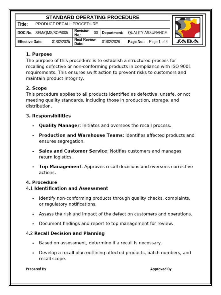 05 Product Recall Procedure | PDF | Quality Management System | Quality Assurance