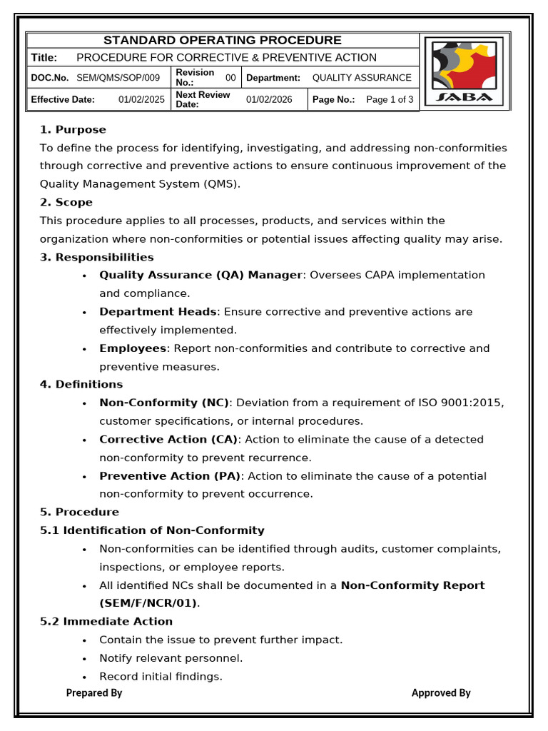 09 Sop Corrective and Preventive Action | PDF | Evaluation | Quality