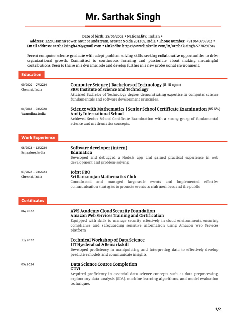 Sarthak Singh Resume | PDF | Encryption | Cryptography