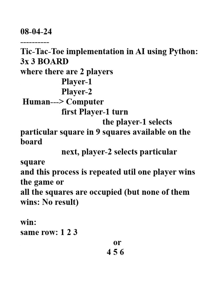 Tic-Tac-Toe Implementation in AI Using Python | PDF