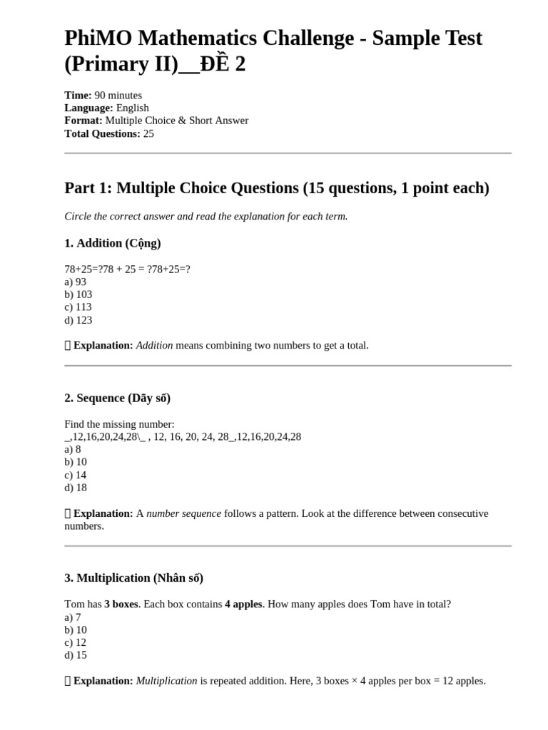 PhiMO Primary II Math Challenge Test | PDF | Multiplication | Mathematics