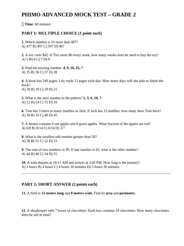Grade 2 PHIMO Advanced Mock Test | PDF