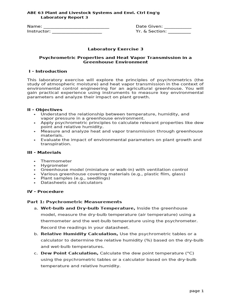 Lab Exercise 3: Psychrometry and Heat and Vapor Transmission | PDF | Humidity | Continuum Mechanics