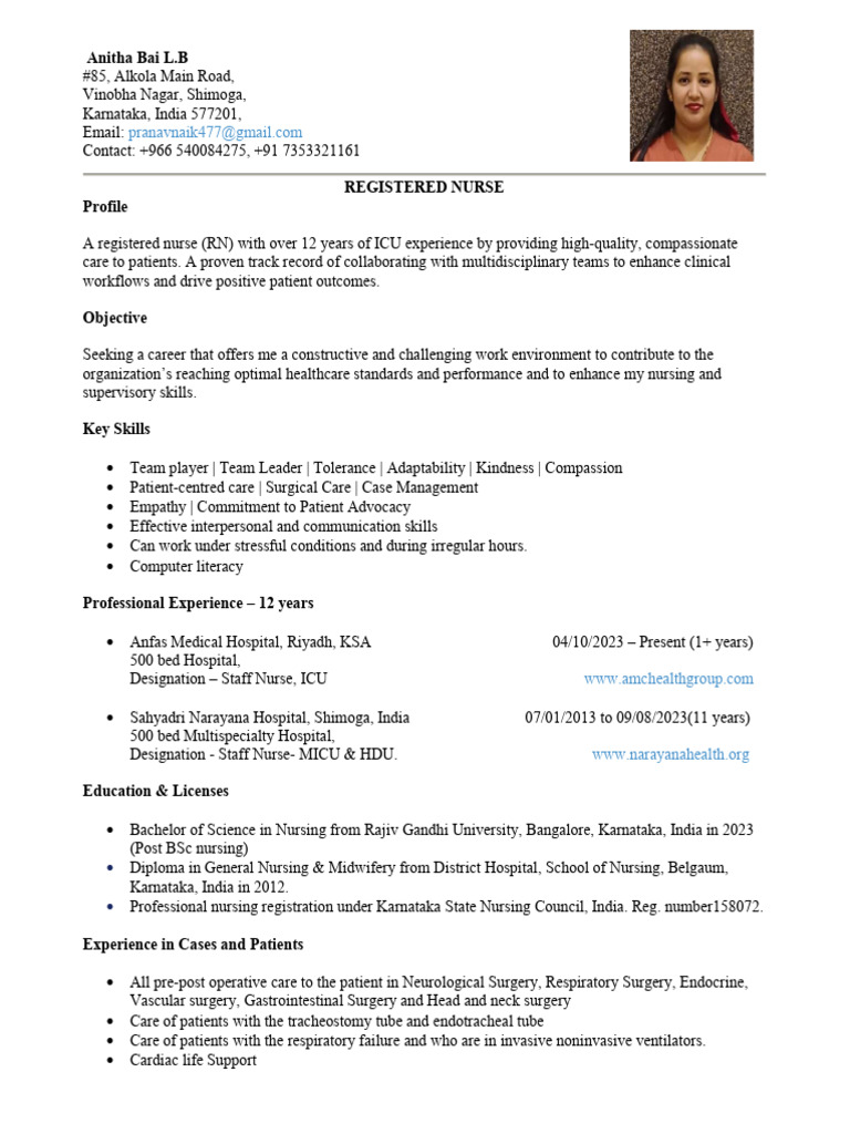 Anitha Resume 2025 - 250404 - 190920 | PDF | Nursing | Clinical Medicine