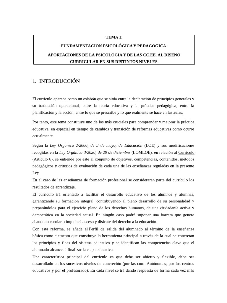 TEMA 1, 2 Opcion. Aportacion Psicologicas y CCEE Separadas | PDF | Plan de estudios | Aprendizaje