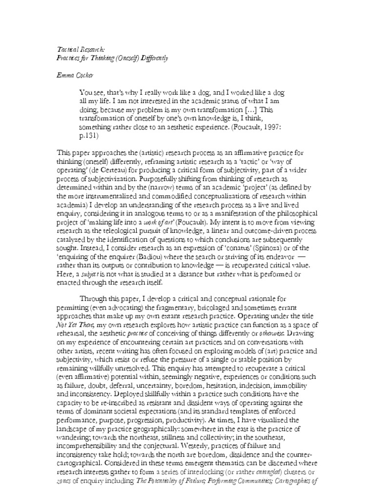 Tactical Research: Practices For Thinking (Oneself) Differently Emma ...