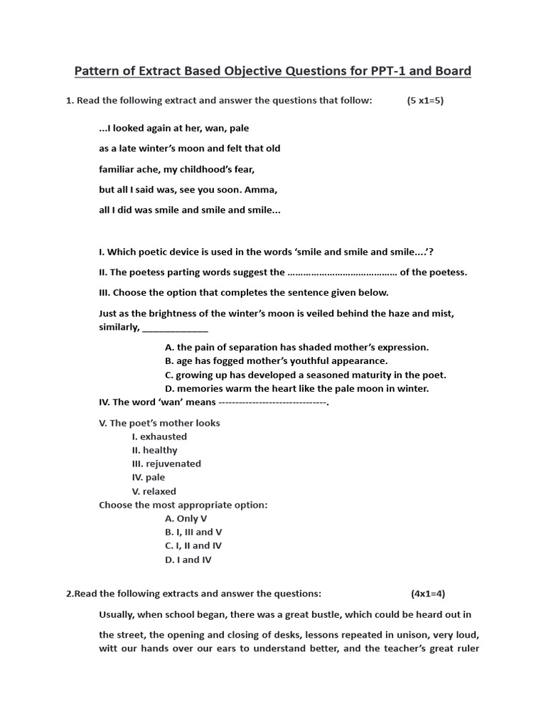 Pattern of Extract Based Objective Questions for PPT-1 & Board (1) | PDF