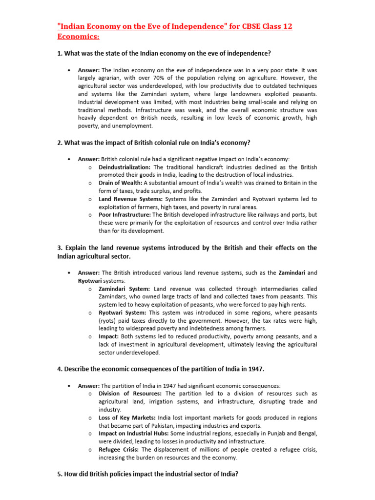 Assignment Class 12 Eco - 073010 | PDF | Economy Of India | British Raj