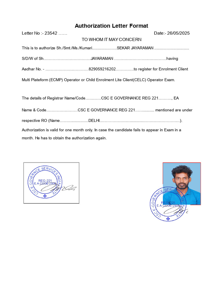 Authorization Letter for Exam Registration | PDF