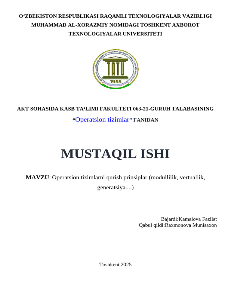 Mustaqil Ishi: Operatsion Tizimlar | PDF
