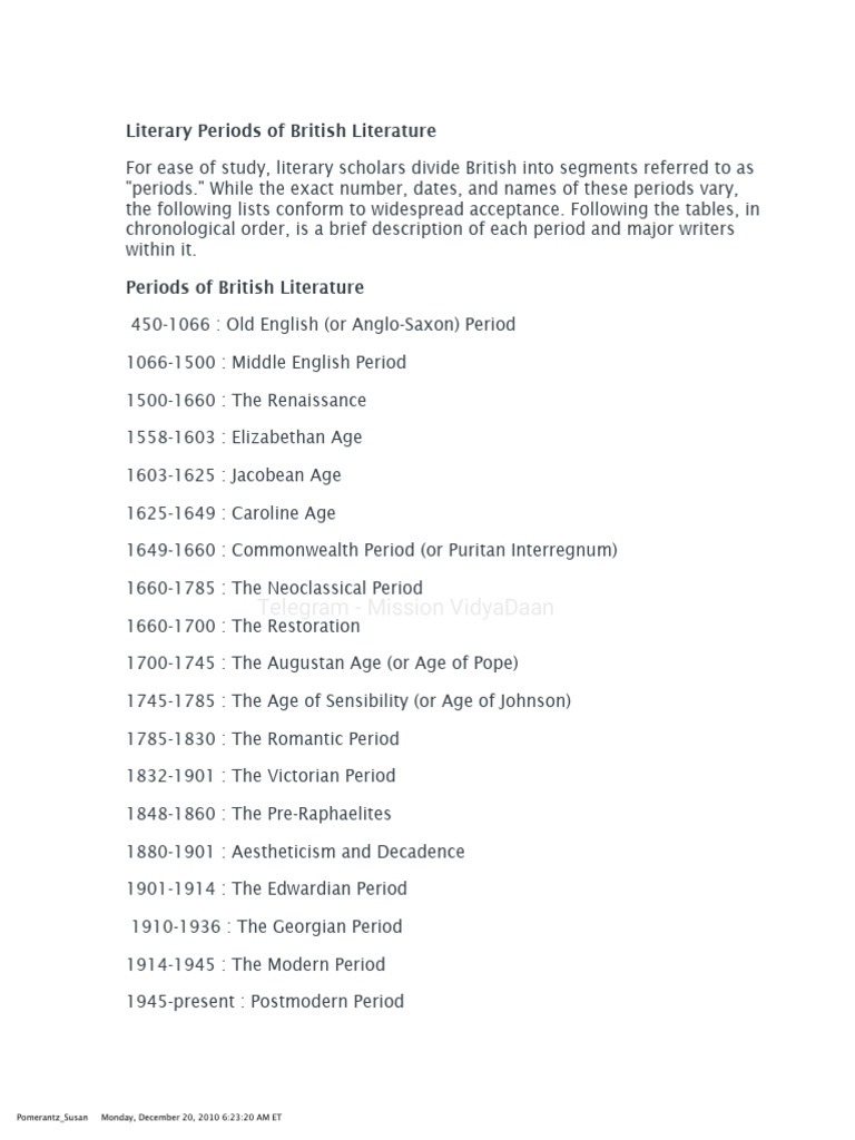 Chronology of British Literary Periods | PDF | English Literature ...