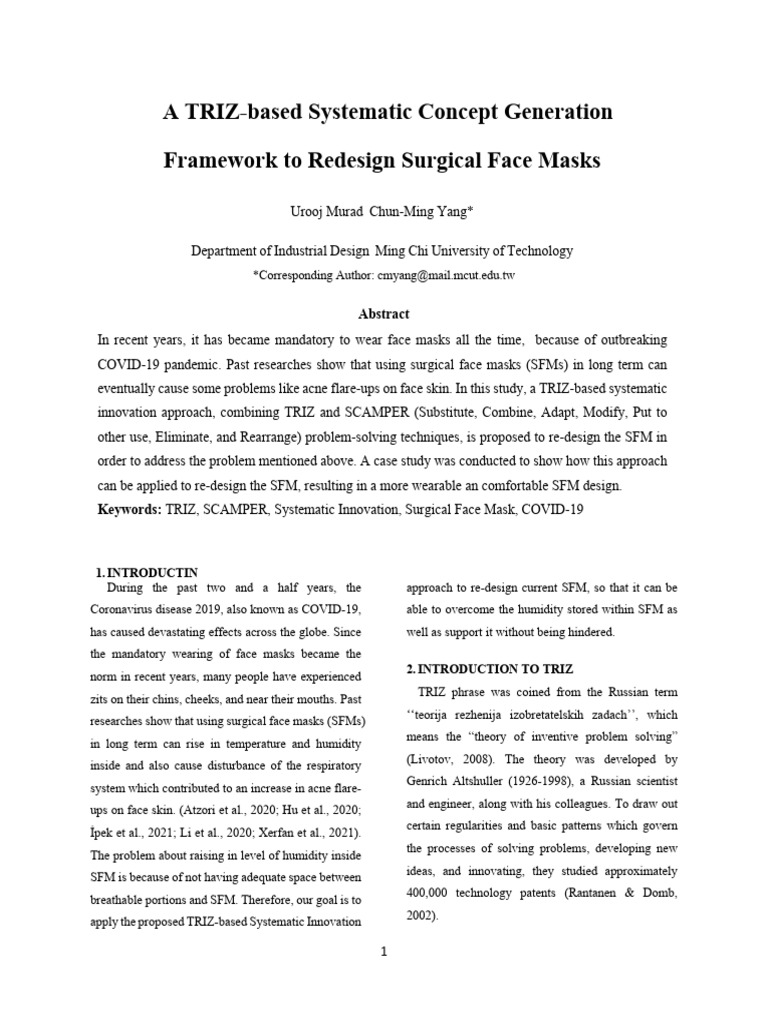 A TRIZ Based Systematic Concept Generation Framework to Redesign Surgical Face Masks_v2 | PDF