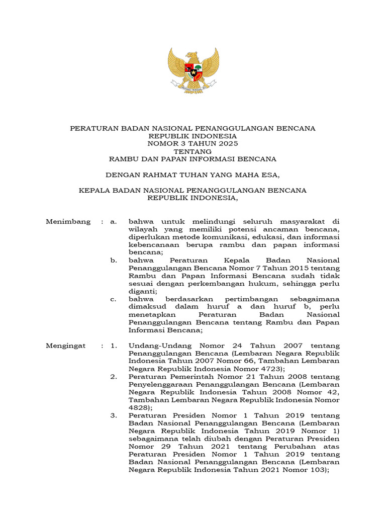 Perban BNPB No 3 Tahun 2025 Tentang Rambu Dan Papan Informasi Bencana | PDF