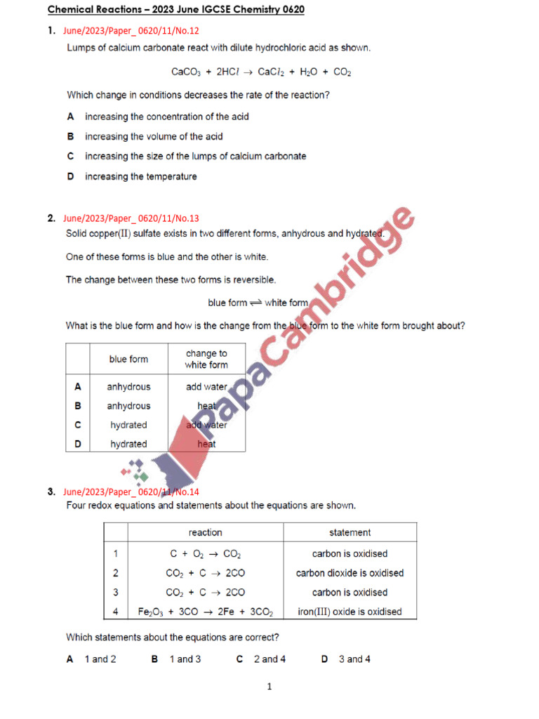 2023J Chemical Reactions IGCSE Chem 0620 | PDF | Chemistry | Physical ...